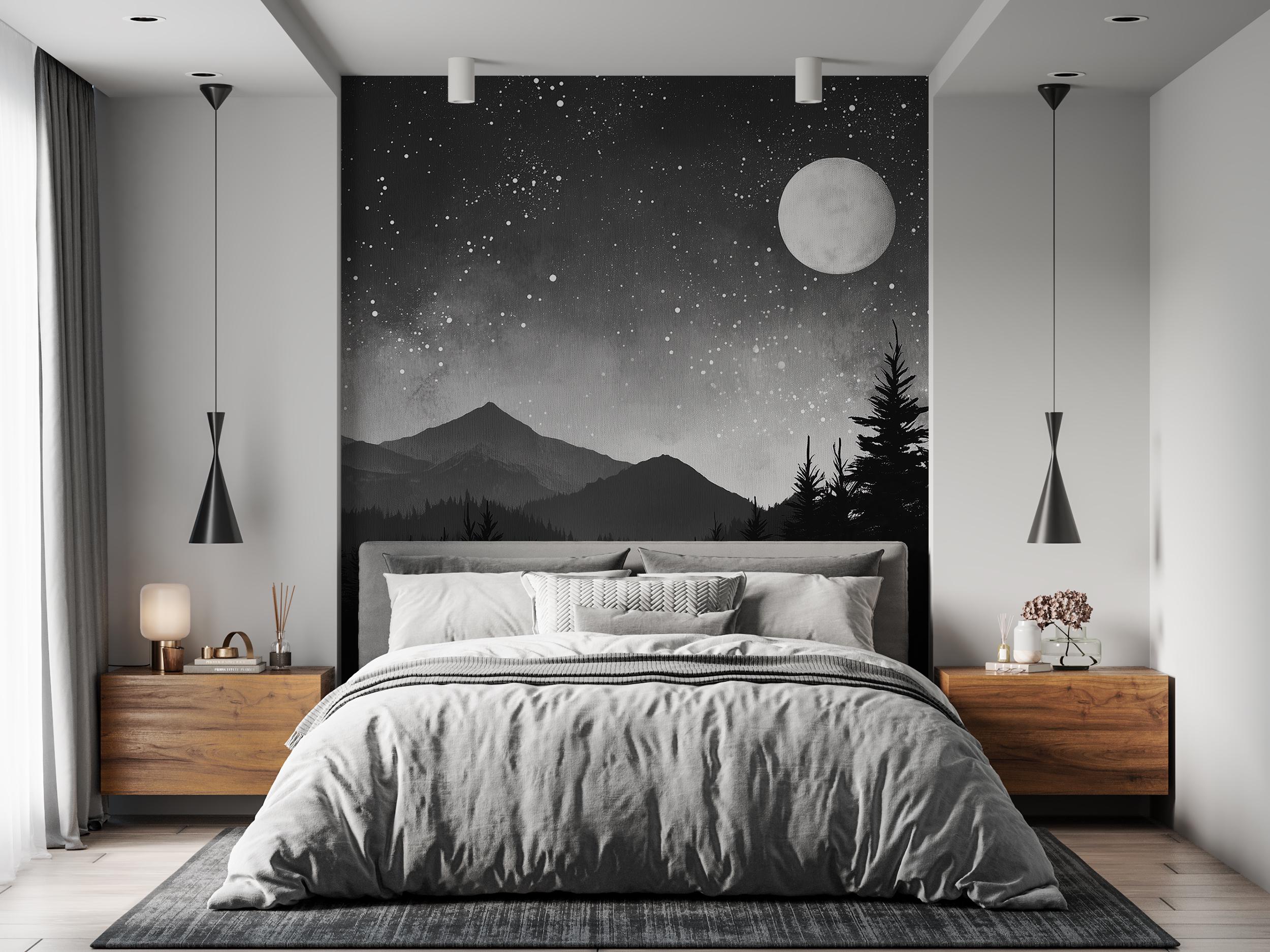 Night Sky and Stars Mural, Moon and Mountains Wallpaper, Starry Sky ...