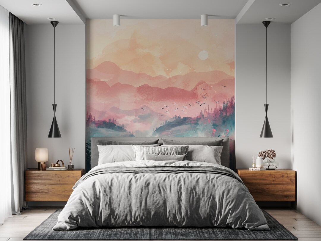 Watercolor Abstract Mountain Mural, Soft Pastel Color Forest, Dreamy ...