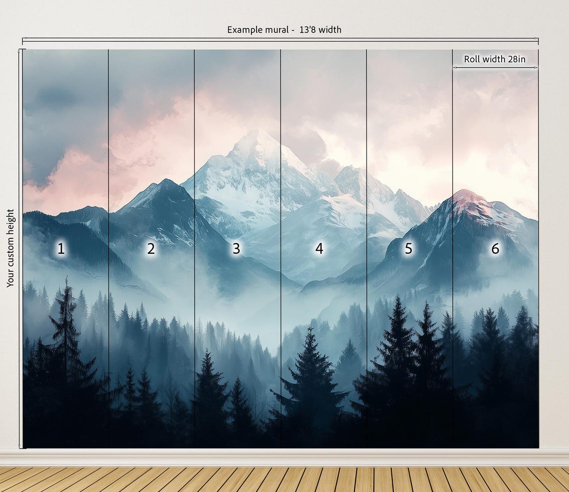 Mountains and Pine Forest Mural, Scandi Wallpaper, Pastel Decal ...