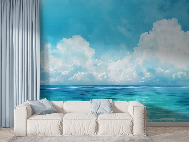 Serene Sea and Sky Mural, Relaxing Accent Wall Design, Soft Blue and ...