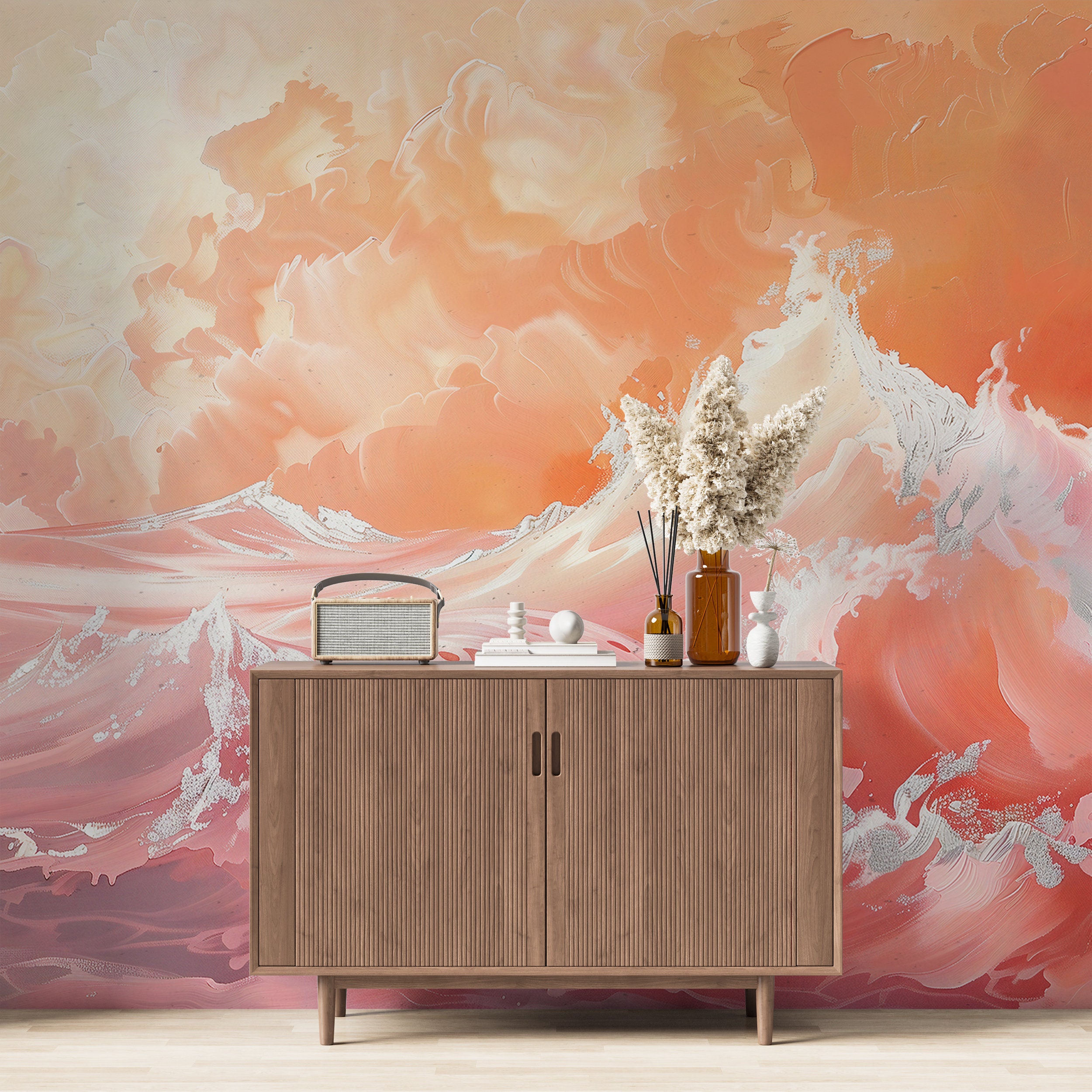 Abstract Ocean Waves Mural, Coral, Pink, and Silver Sea, Dynamic Peel ...