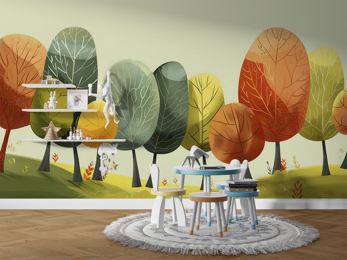 Colorful Trees Wall Mural, Watercolor Cartoon Style Forest Wallpaper ...