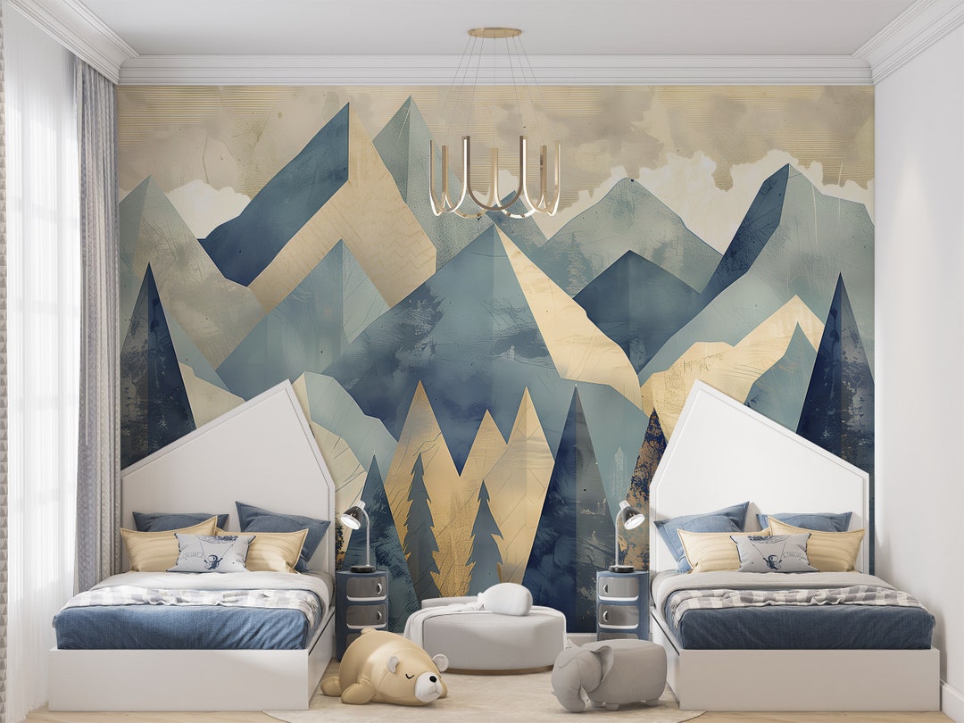 Mountains in Cubism Style Mural, Peel and Stick Abstract Landscape ...