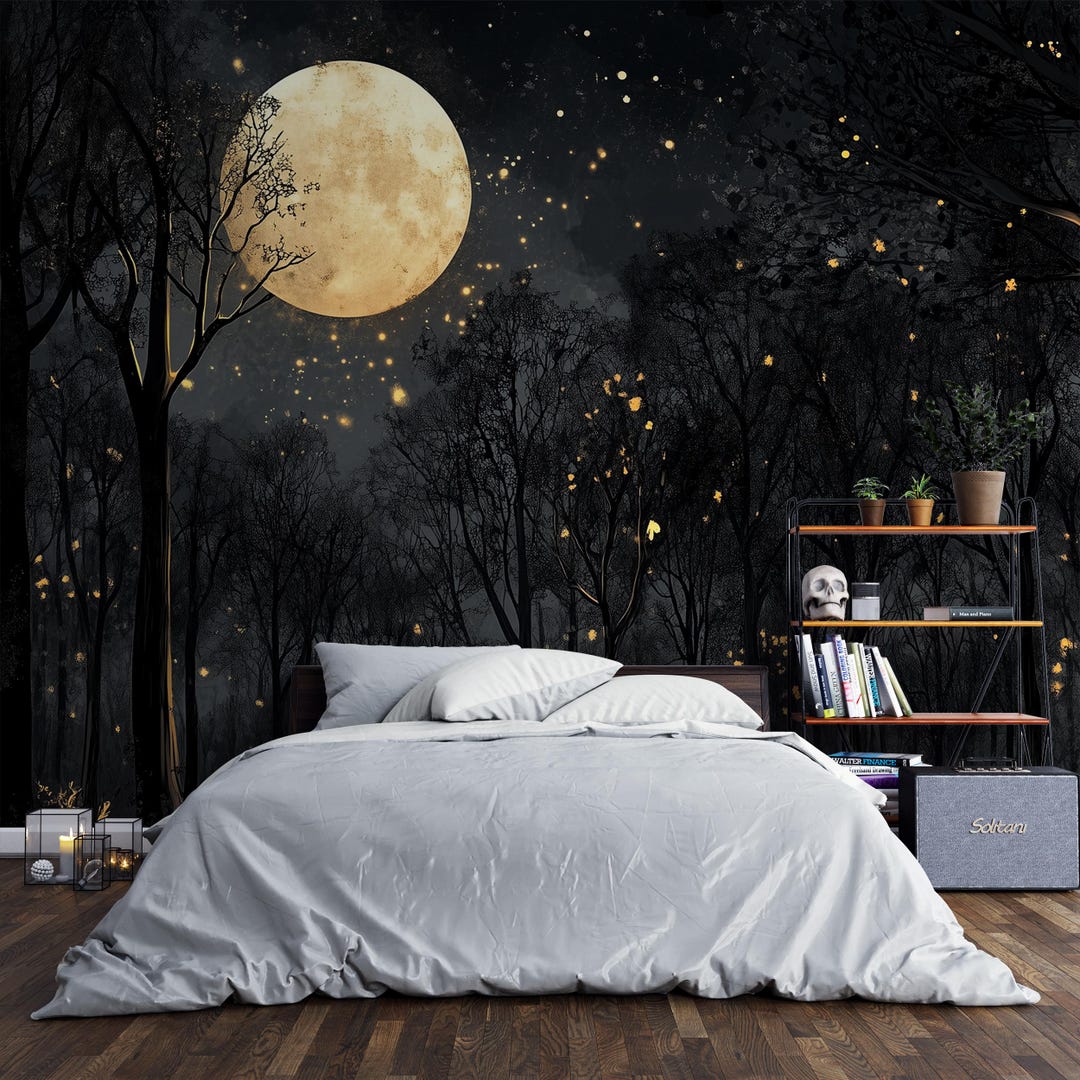 Enchanting Night Forest Mural, Moon and Starry Sky Peel and Stick, Dark ...