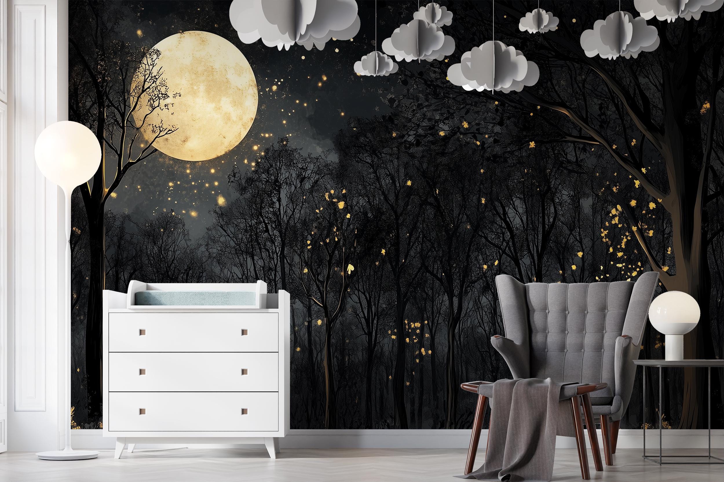 Enchanting Night Forest Mural, Moon and Starry Sky Peel and Stick, Dark ...