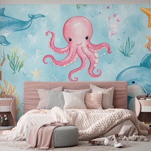 Cute Underwater Mural, Watercolor Octopus and Dolphins, Nursery Design ...