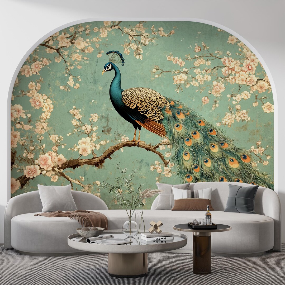 Vintage Peacock Wall Mural, Timeless Cherry Blossom Chinoiserie ...
