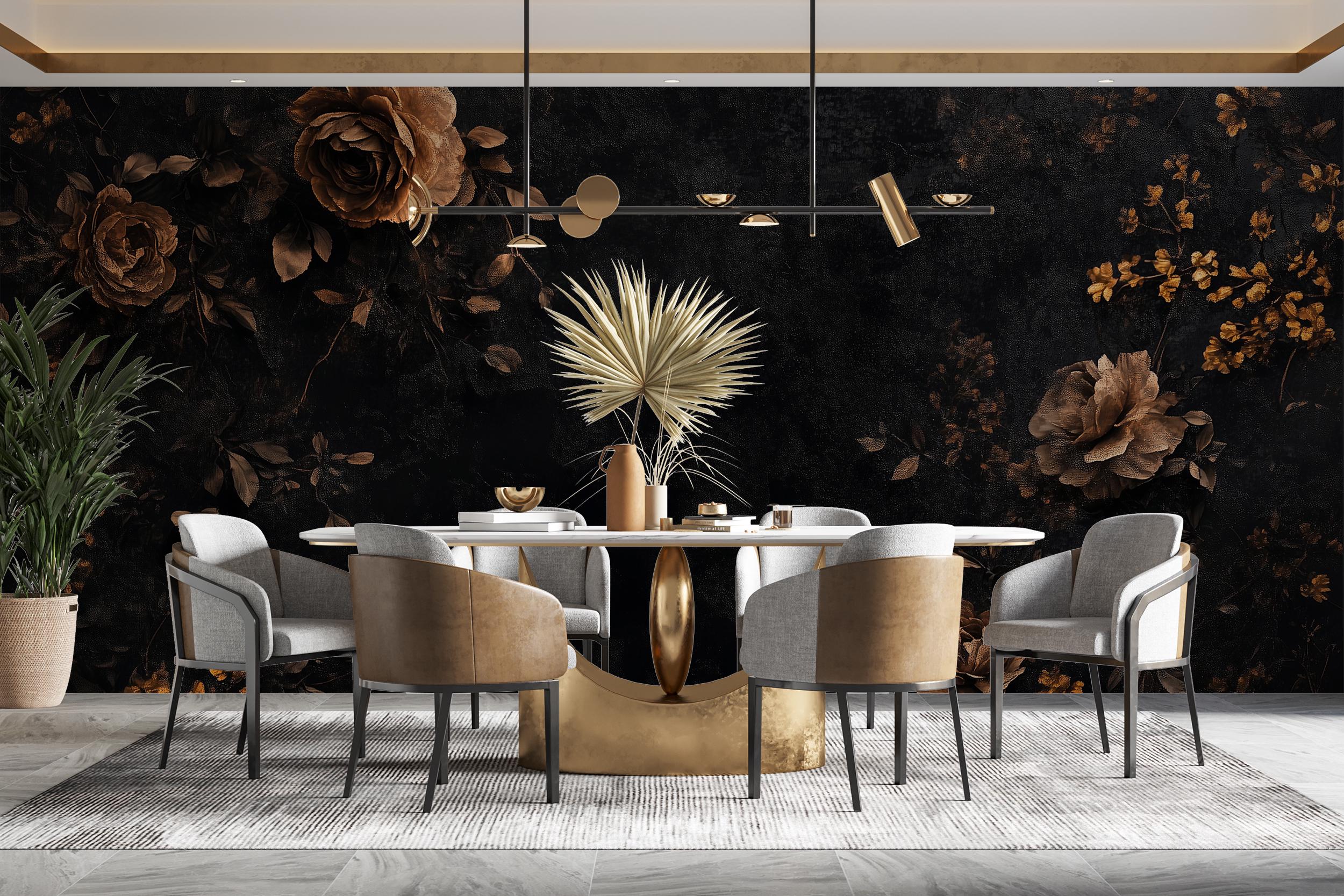 Dark Moody Floral Mural, Textured Dramatic Black Peel and Stick ...