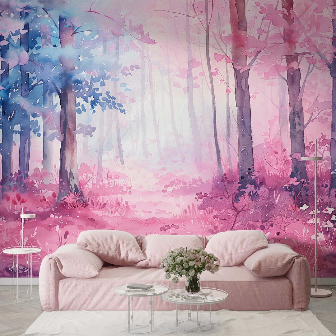 Pink and Lilac Mystical Forest Mural, Peel and Stick Watercolor ...