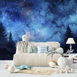 Starry Night Wall Mural, Peel and Stick Sky and Stars Wallpaper, Stars ...