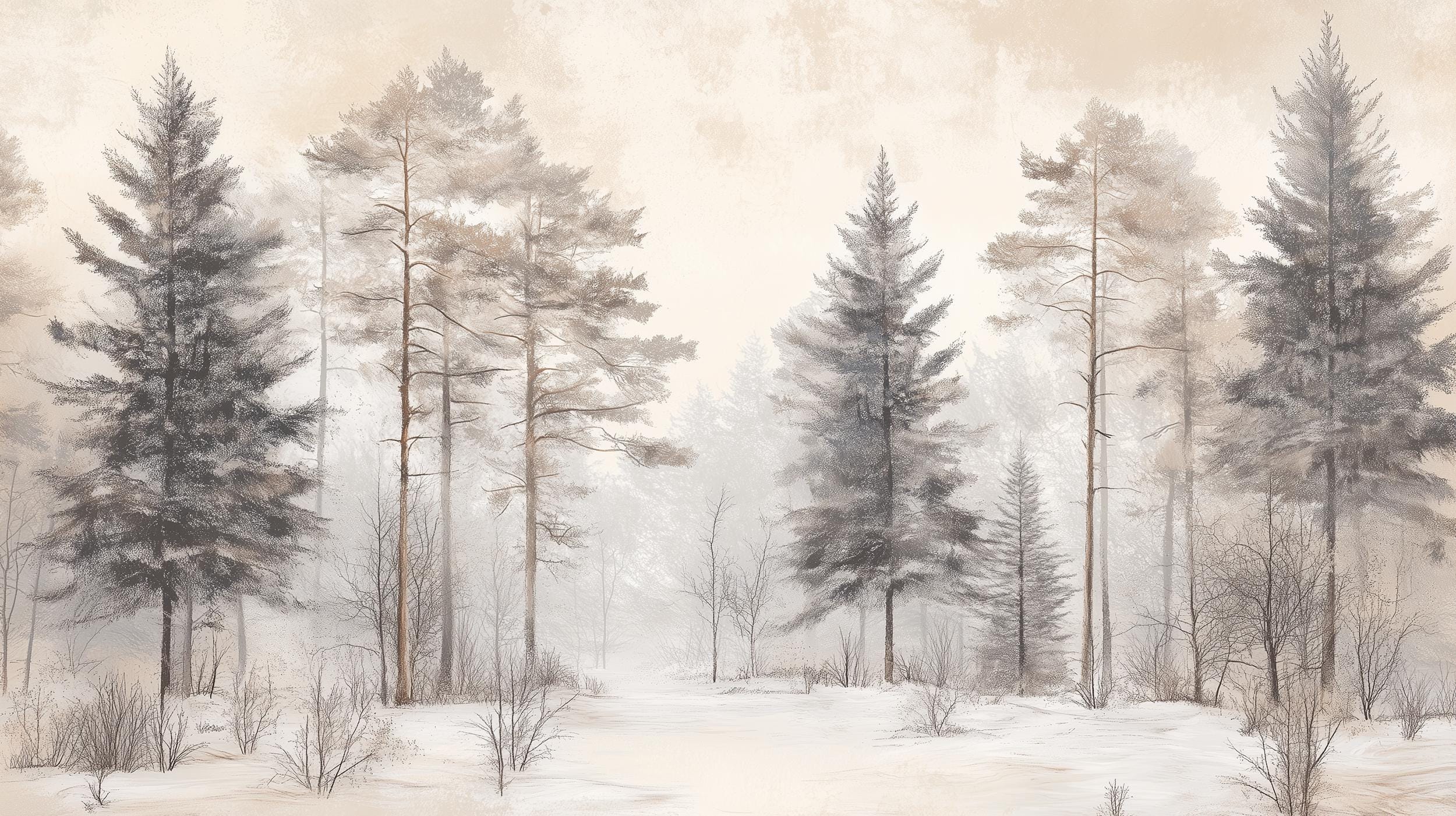 Serene Winter Forest Mural, Pine Tree Peel and Stick, Foggy Landscape ...