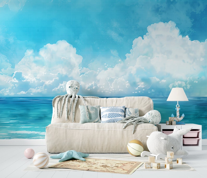Serene Sea and Sky Mural, Relaxing Accent Wall Design, Soft Blue and ...