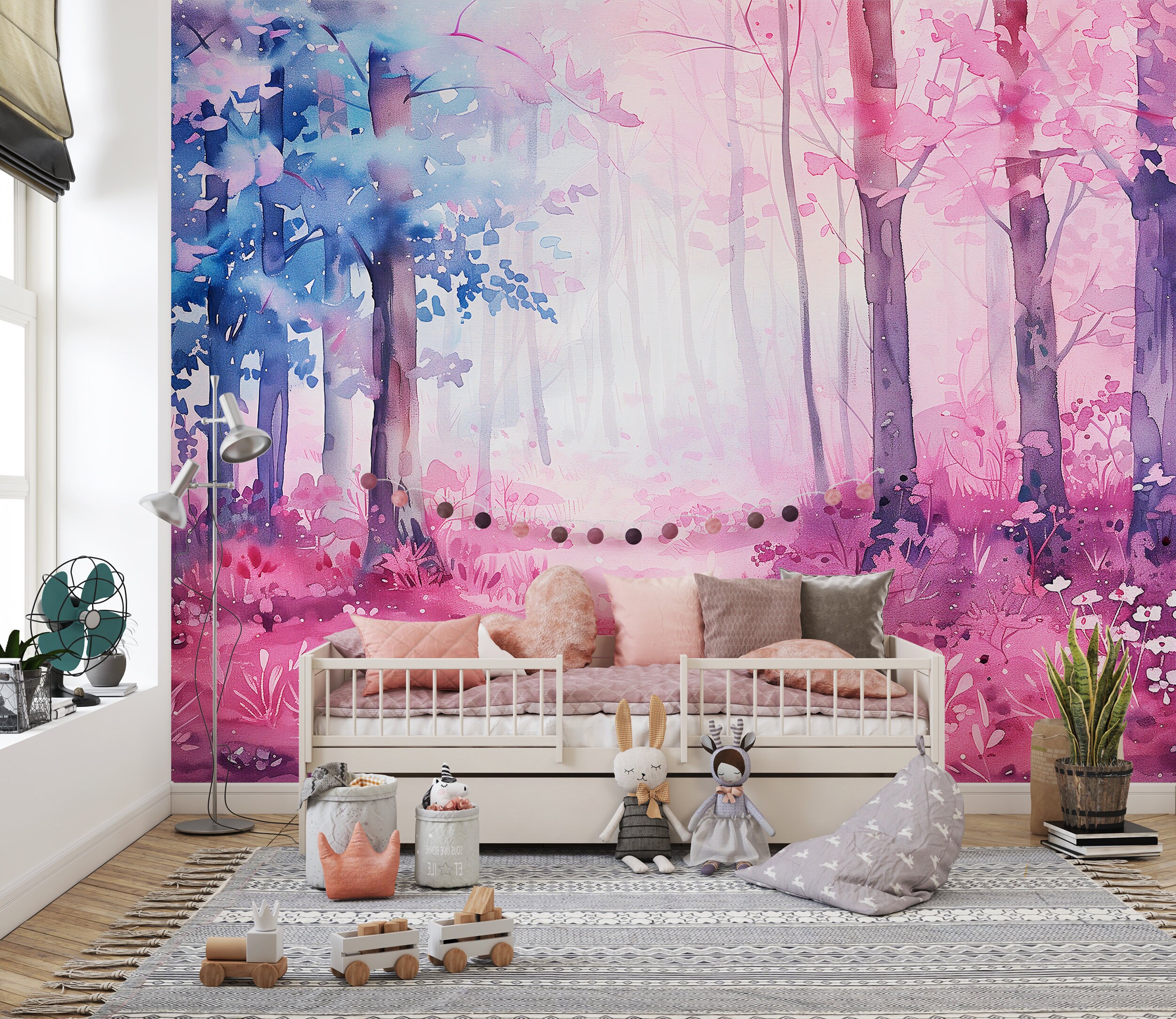Pink and Lilac Mystical Forest Mural, Peel and Stick Watercolor ...