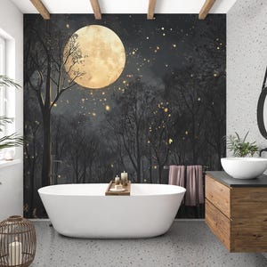 Enchanting Night Forest Mural, Moon and Starry Sky Peel and Stick, Dark ...