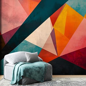 Retro Geometric Mural, Colorful Abstract Peel and Stick, Vintage Accent ...
