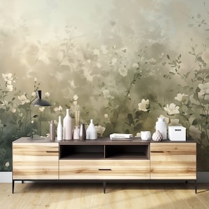 Soft Green Watercolor Botanical Mural, Peel and Stick White Flowers ...