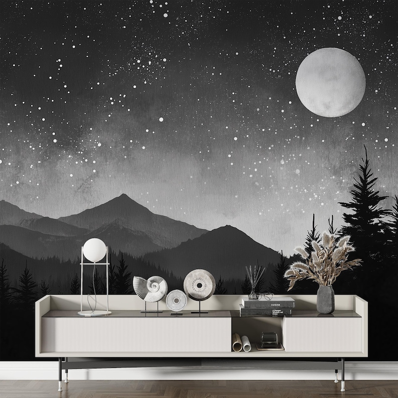 Night Sky and Stars Mural, Moon and Mountains Wallpaper, Starry Sky ...