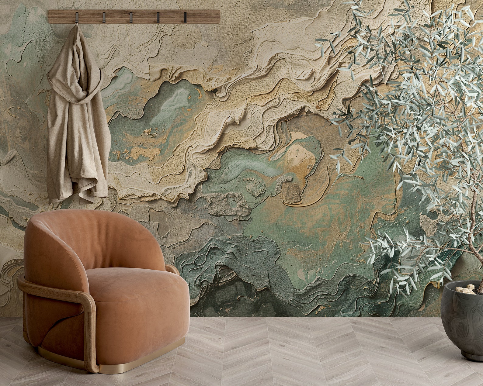 Textured Earthy Wall Mural, Abstract Beige and Green Art, Subtle Muted ...