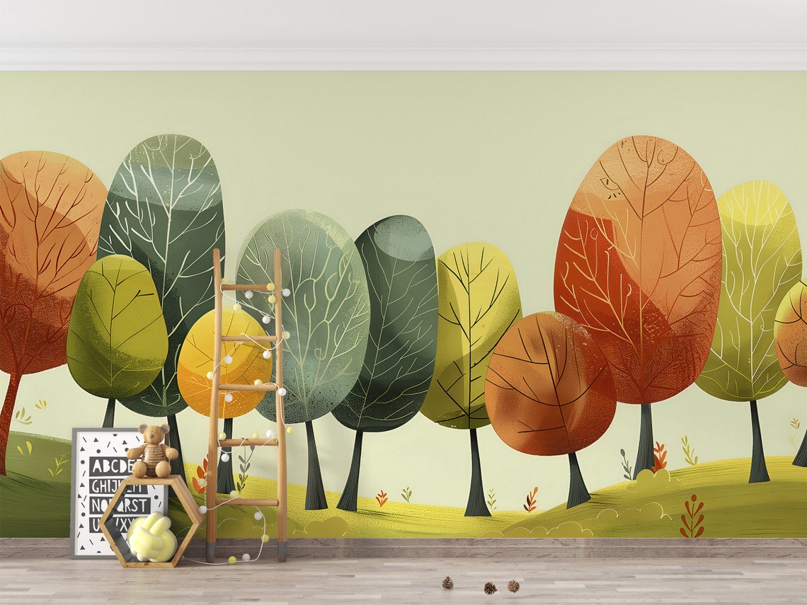 Colorful Trees Wall Mural, Watercolor Cartoon Style Forest Wallpaper ...
