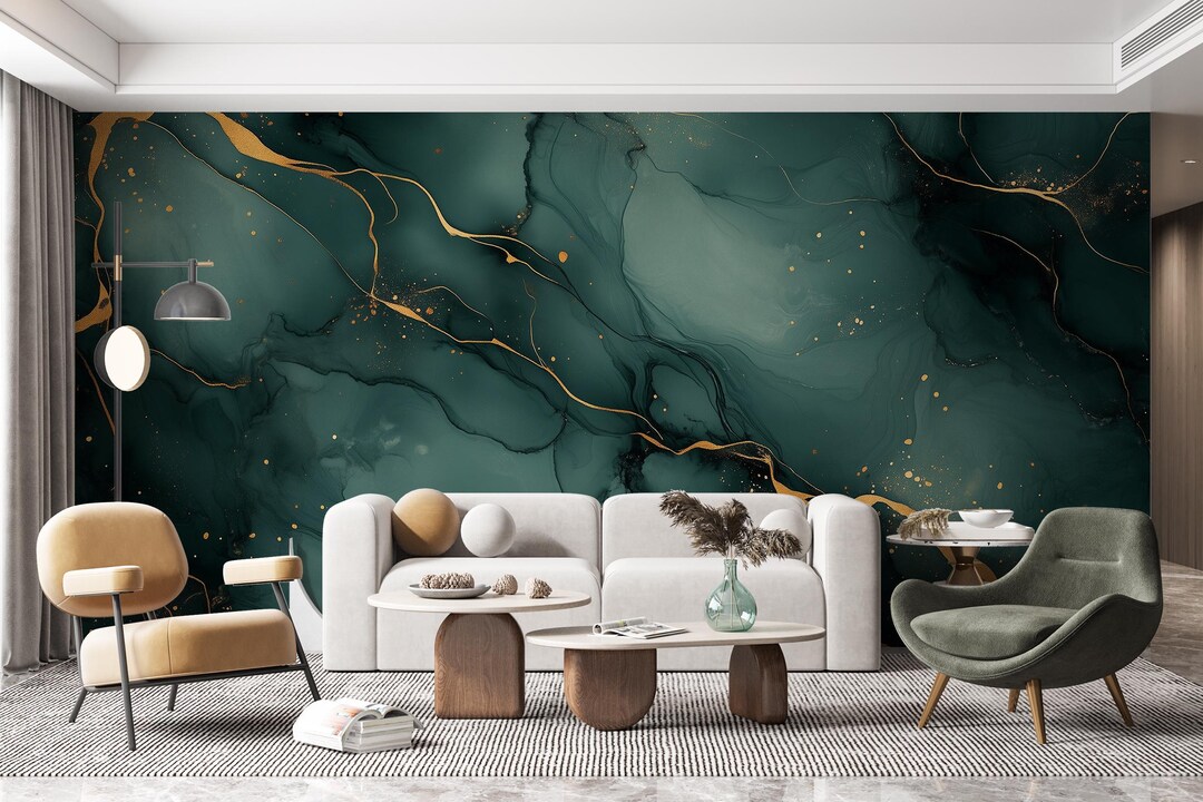 Emerald Green Marble Effect Mural, Fluid Art Peel and Stick, Flowing ...