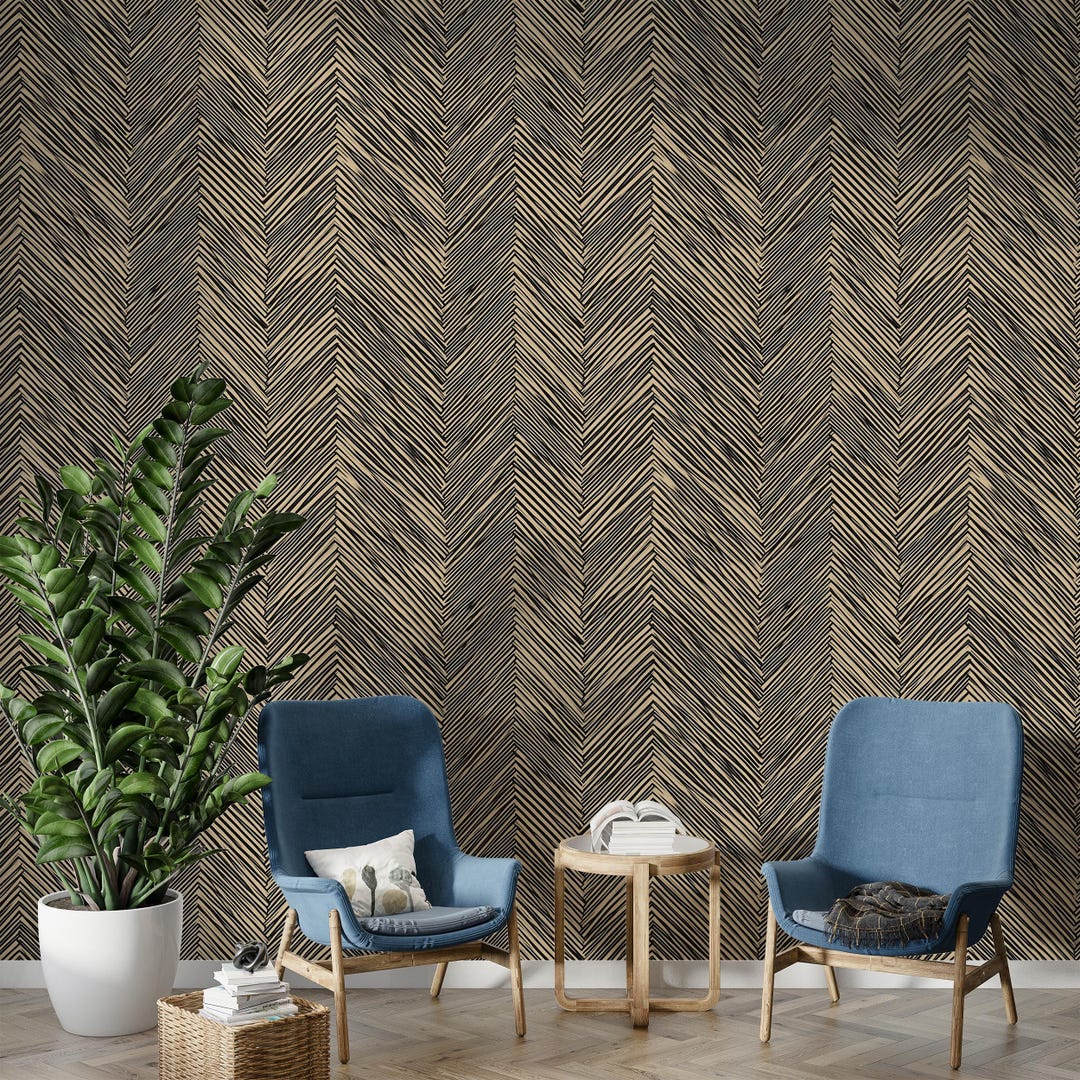 Trendy Herringbone Pattern Wallpaper, Beige and Black Peel and Stick ...