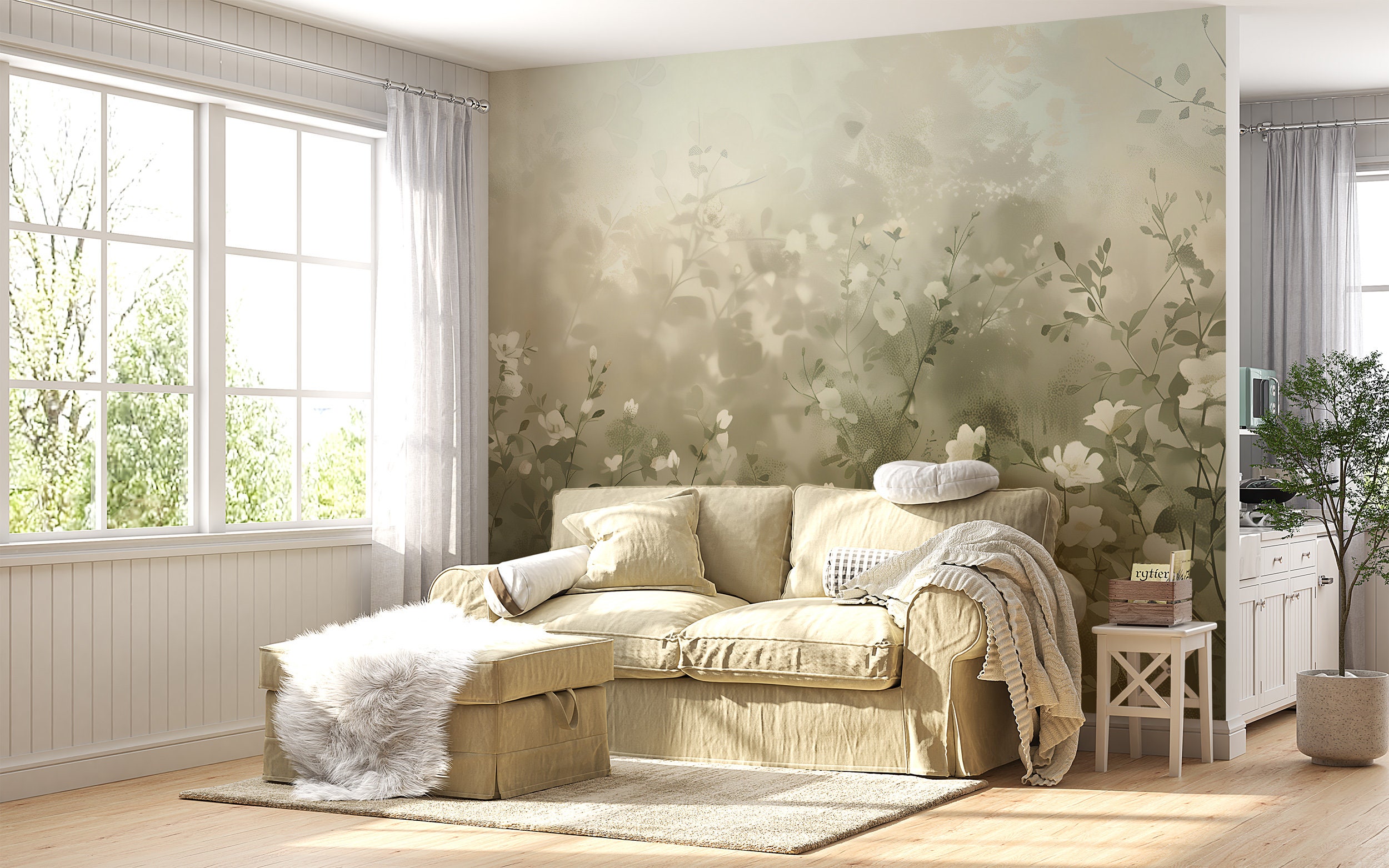 Soft Green Watercolor Botanical Mural, Peel and Stick White Flowers ...