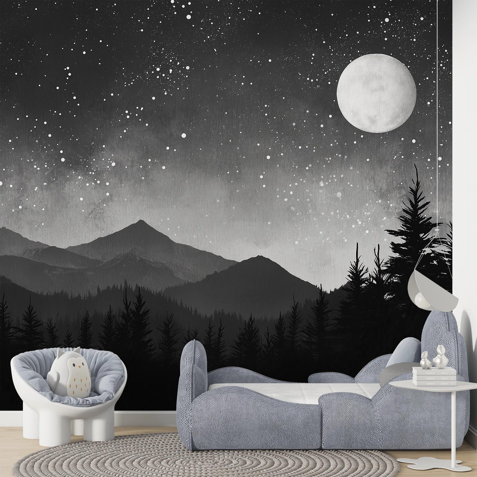 Night Sky and Stars Mural, Moon and Mountains Wallpaper, Starry Sky ...