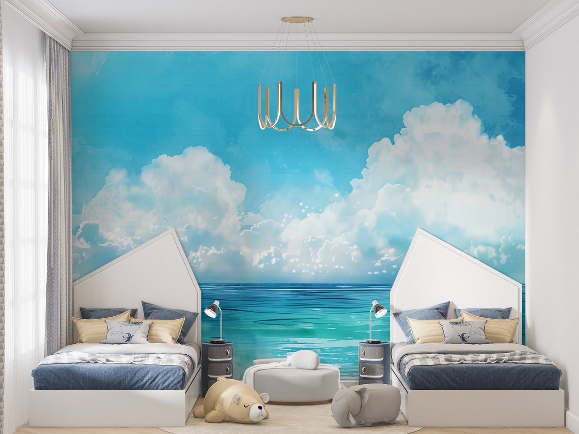 Serene Sea and Sky Mural, Relaxing Accent Wall Design, Soft Blue and ...