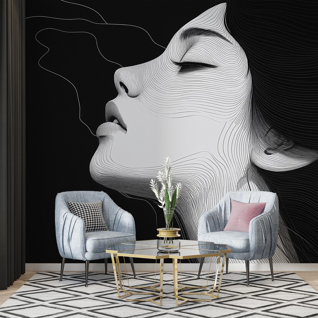 Abstract Woman Line Art Mural, Black White Boho Chic Wallpaper (peel ...