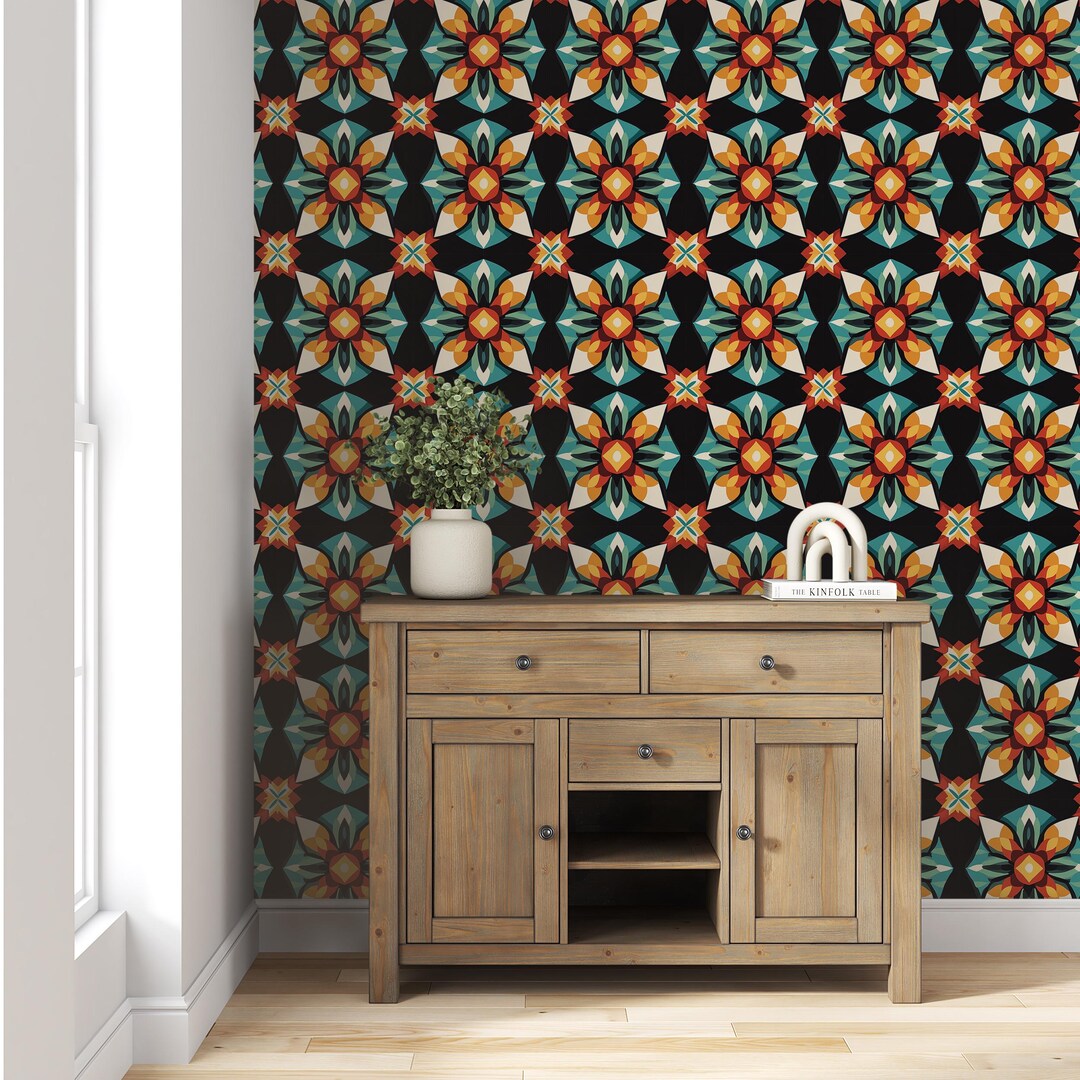 Vibrant Floral Motif Wallpaper, Orange and Teal Petals, Dark Retro Peel ...