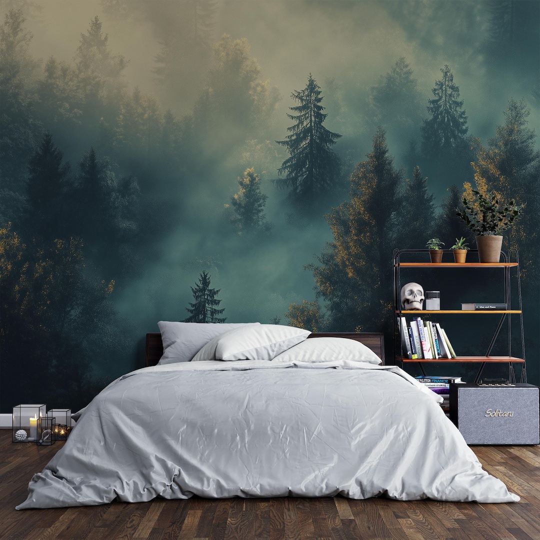 Misty Dark Forest Wall Mural, Pine Trees Peel and Stick, Moody Dramatic ...
