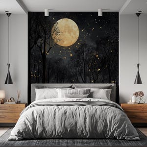 Enchanting Night Forest Mural, Moon and Starry Sky Peel and Stick, Dark ...