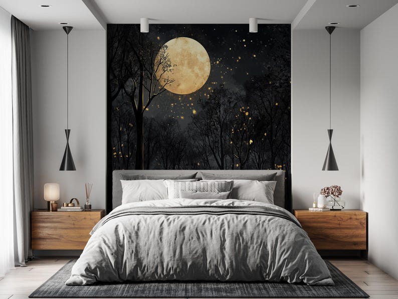 Enchanting Night Forest Mural, Moon and Starry Sky Peel and Stick, Dark ...