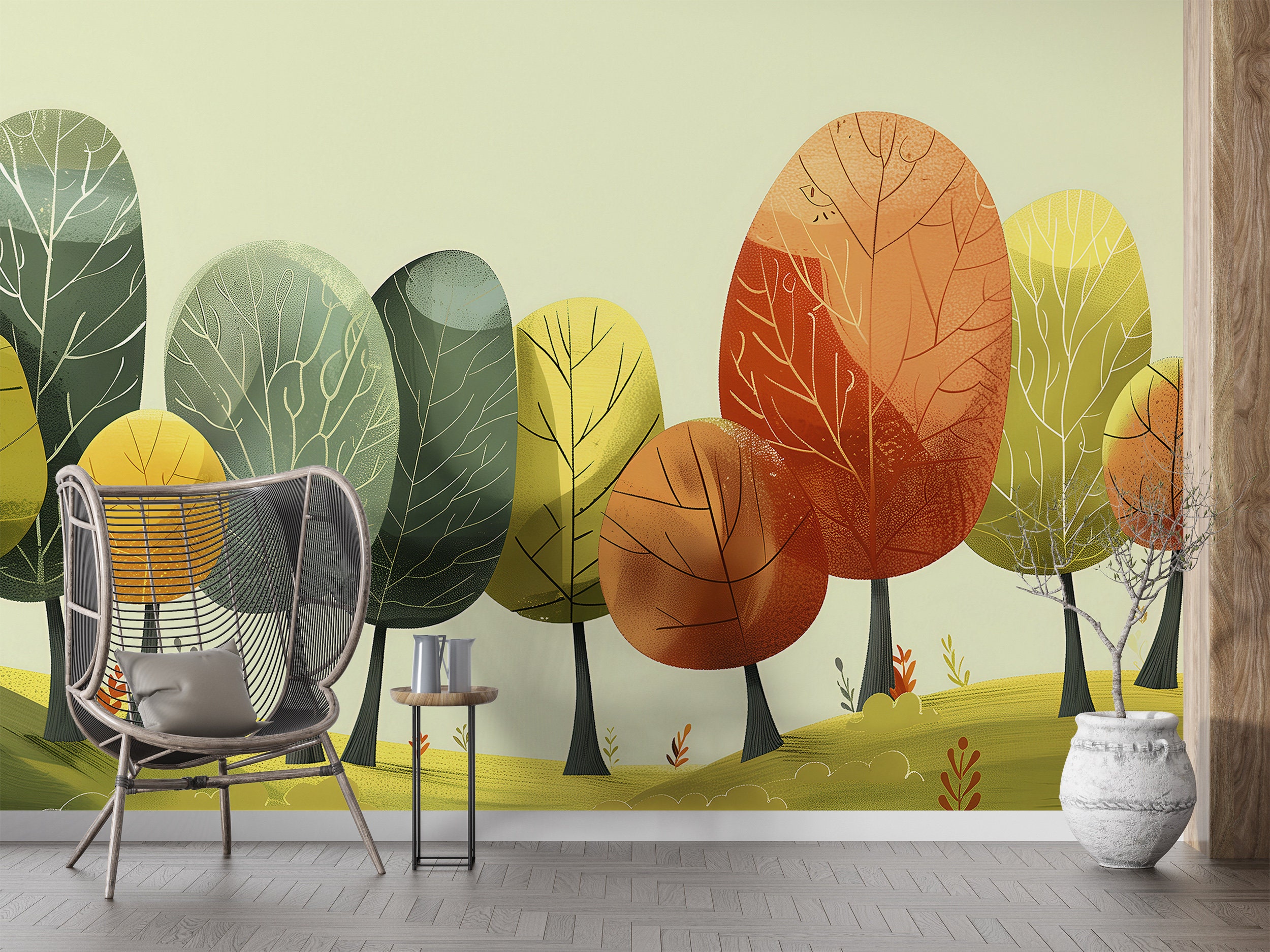 Colorful Trees Wall Mural, Watercolor Cartoon Style Forest Wallpaper ...
