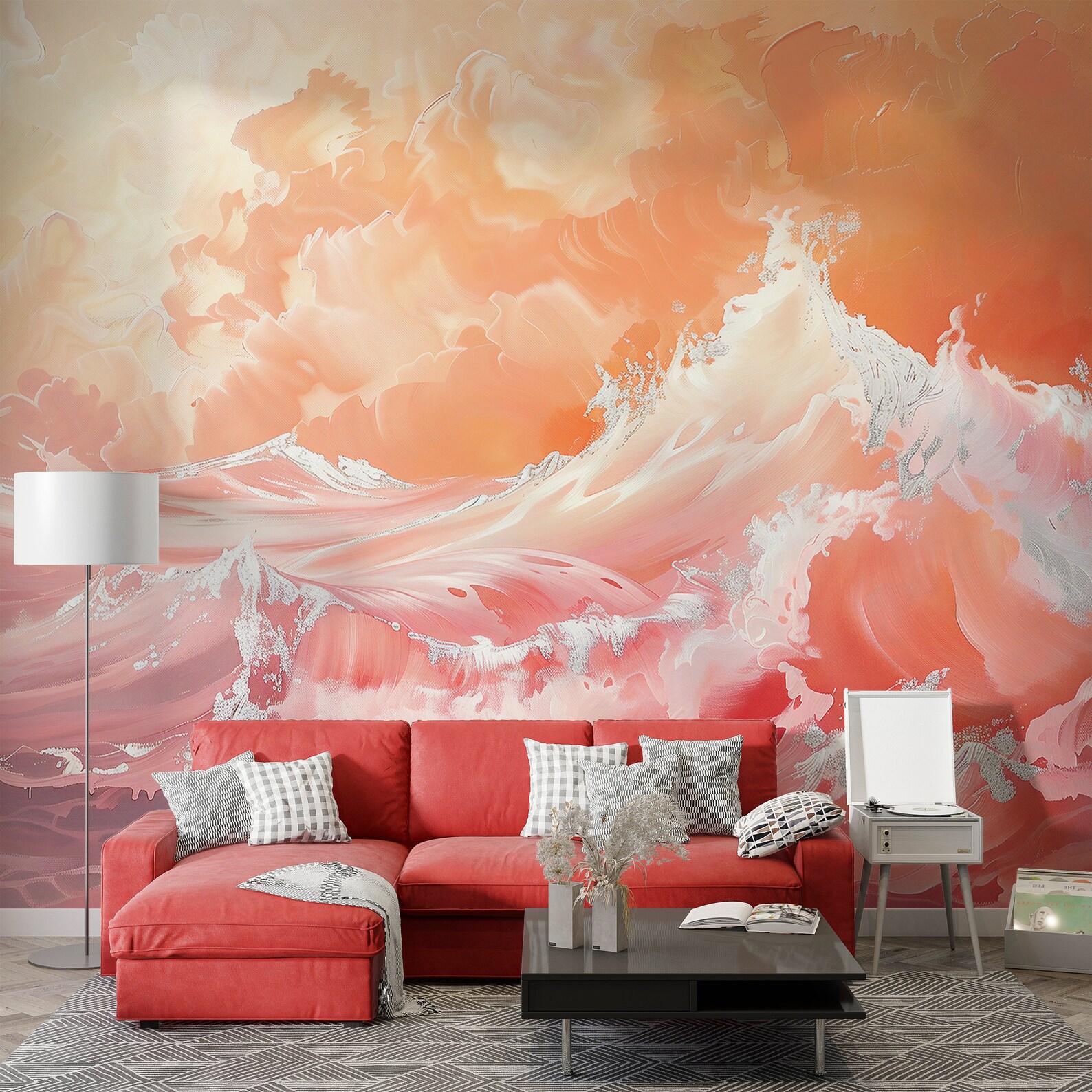 Abstract Ocean Waves Mural, Coral, Pink, and Silver Sea, Dynamic Peel ...