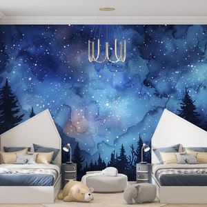 Starry Night Wall Mural, Peel and Stick Sky and Stars Wallpaper, Stars ...
