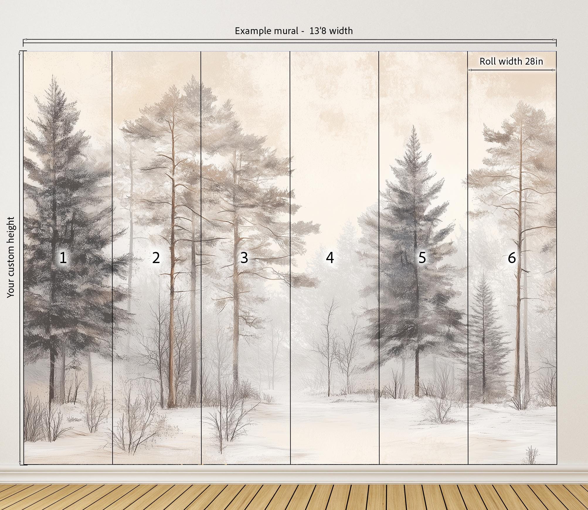 Serene Winter Forest Mural, Pine Tree Peel and Stick, Foggy Landscape ...