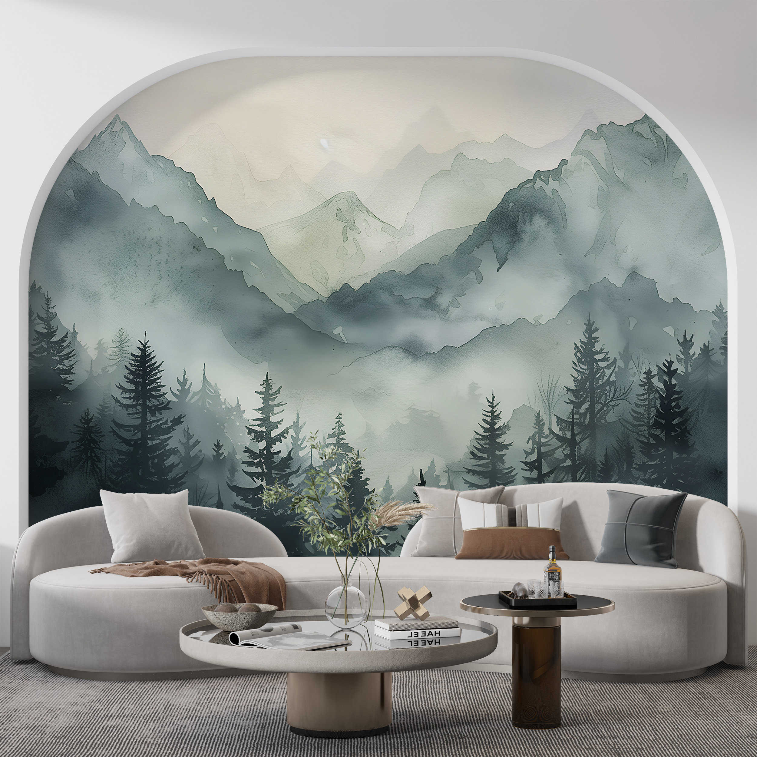 Green Mountains Wall Mural, Watercolor Foggy Forest and Mountains ...