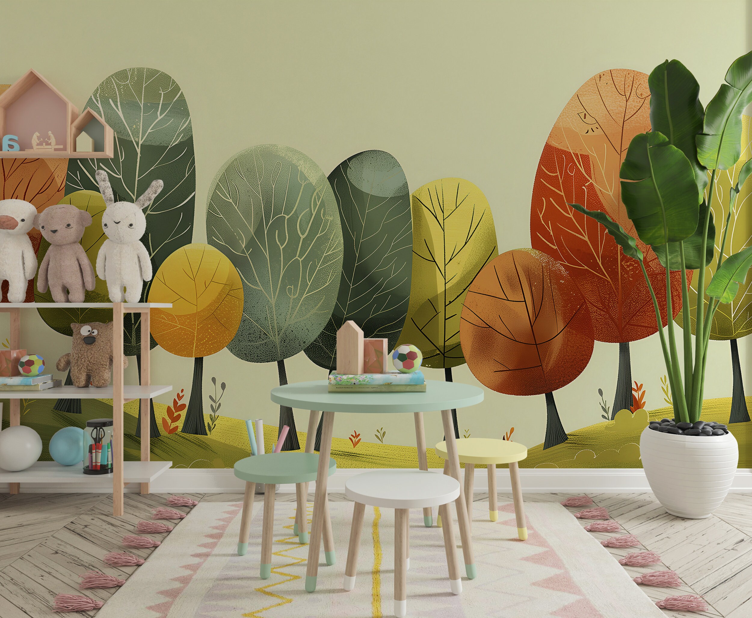 Colorful Trees Wall Mural, Watercolor Cartoon Style Forest Wallpaper ...