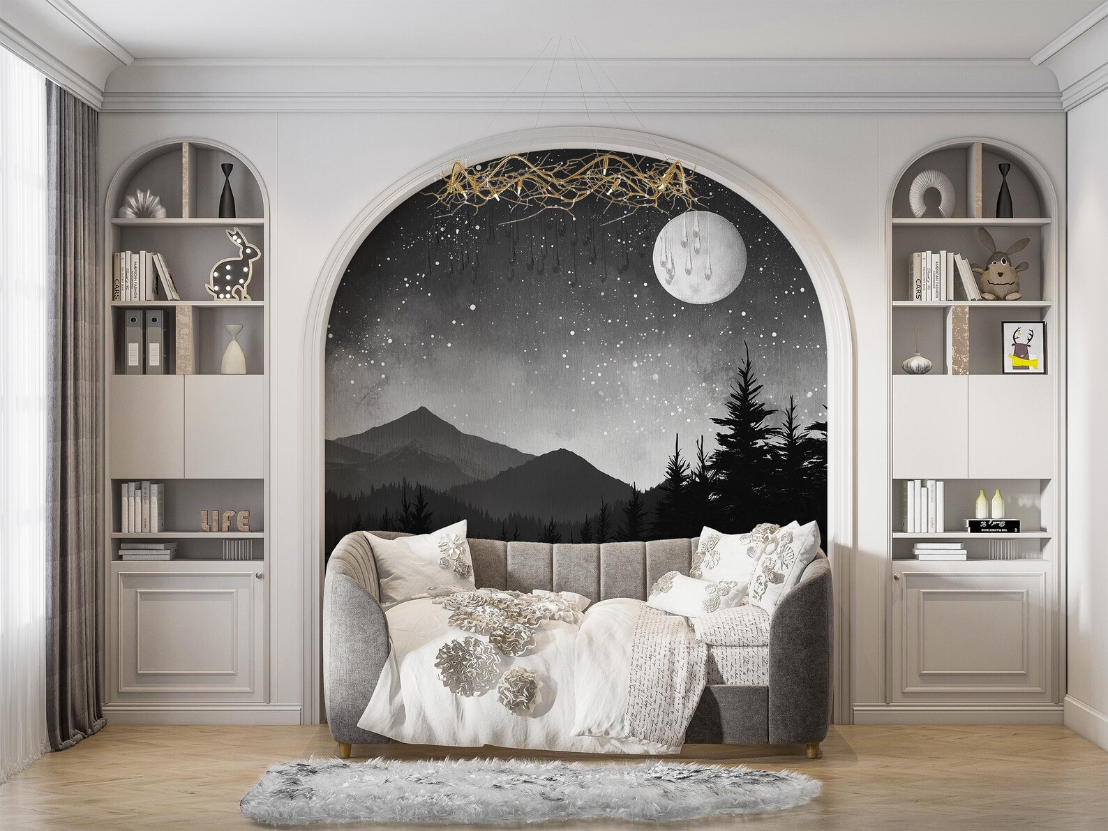 Night Sky and Stars Mural, Moon and Mountains Wallpaper, Starry Sky ...