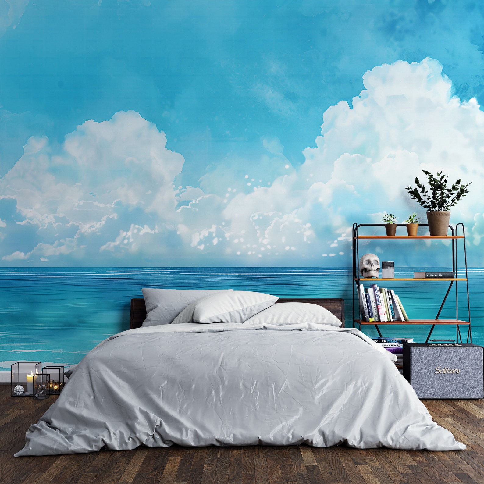 Serene Sea and Sky Mural, Relaxing Accent Wall Design, Soft Blue and ...