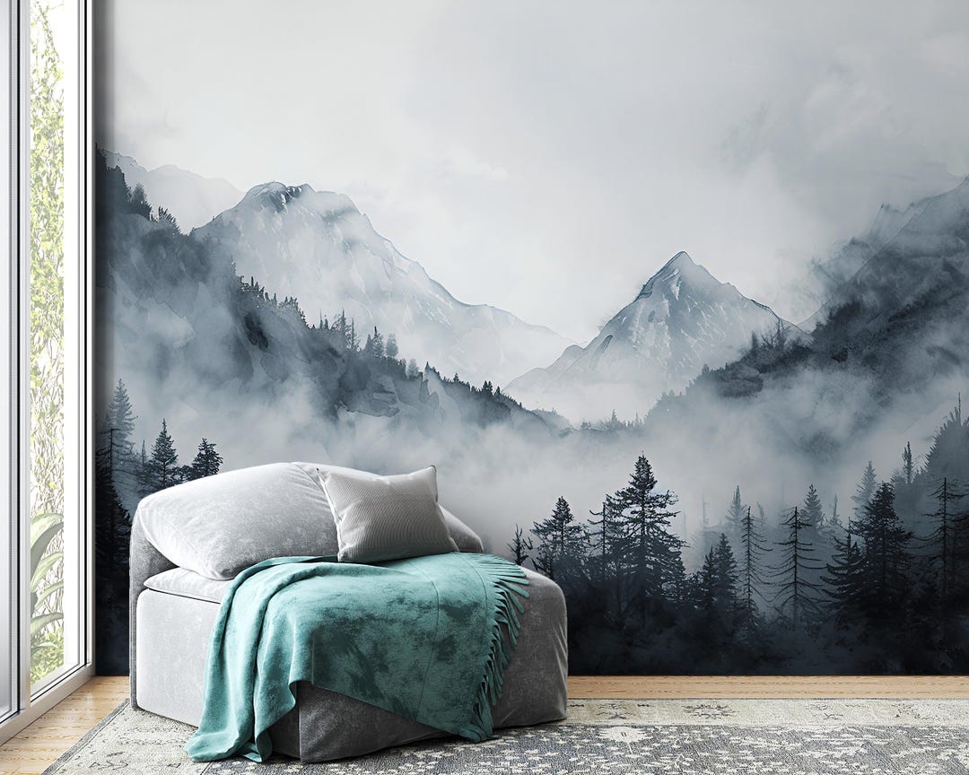 Misty Mountains Wall Mural, Monochrome Peel and Stick, Gray Pine Tree ...