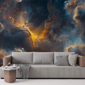 Orange and Blue Nebula Cloud Wall Mural, Cosmic Wallpaper, Glowing Wall ...