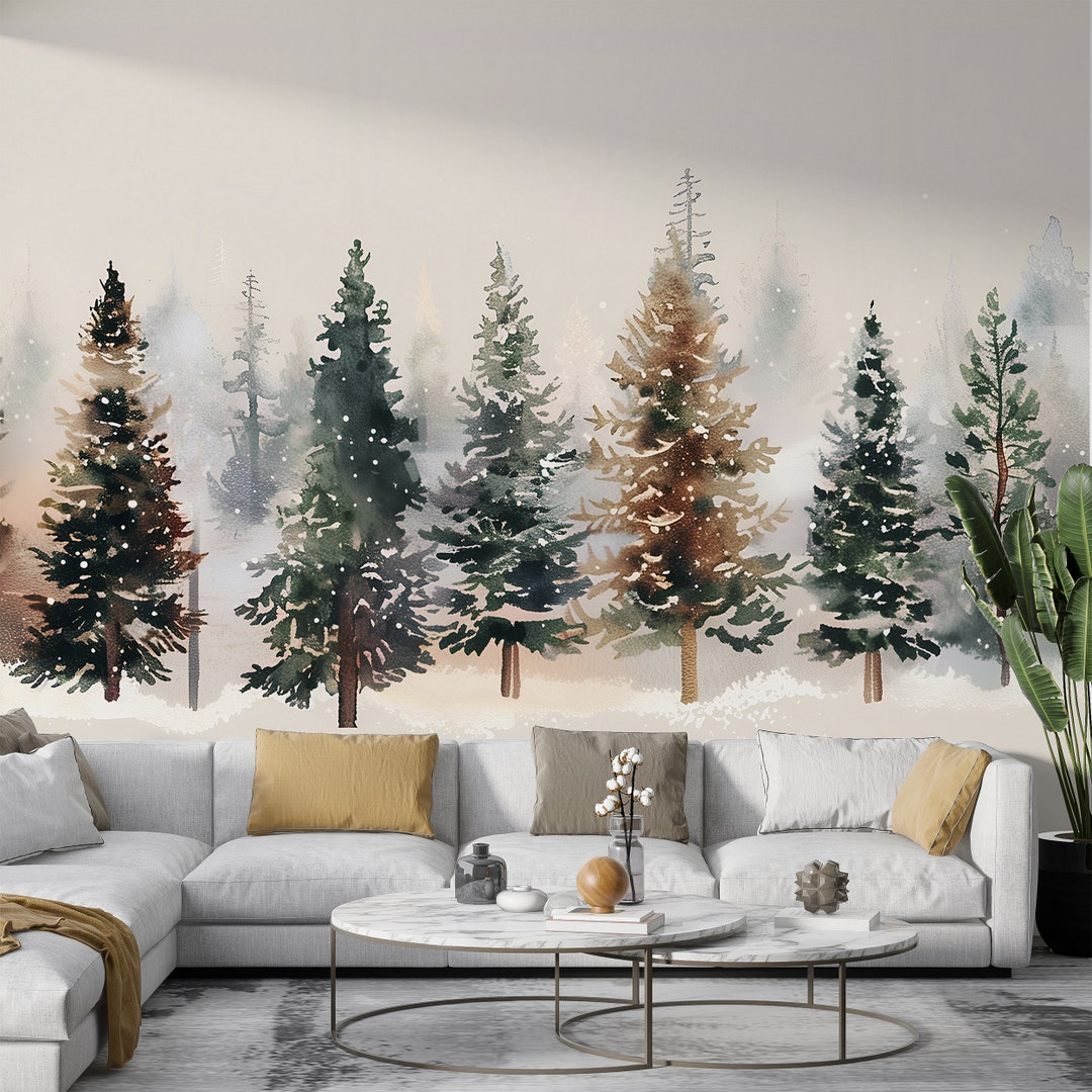 Minimalistic Pine Trees Mural, Watercolor Snowy Forest Mural, Pine ...