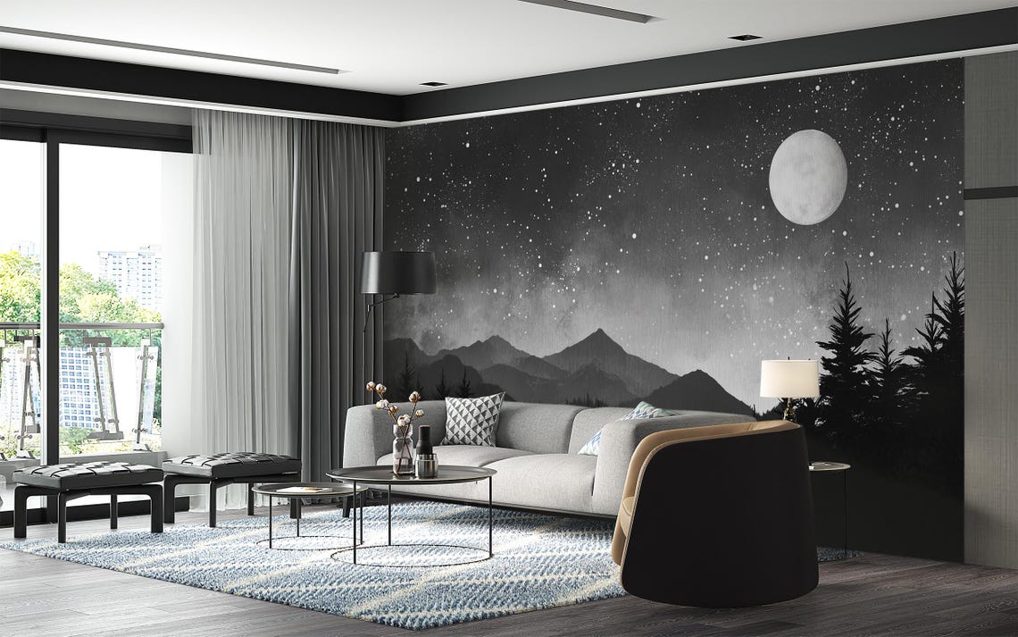 Night Sky and Stars Mural, Moon and Mountains Wallpaper, Starry Sky ...