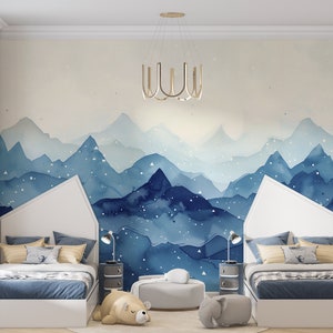 Abstract Blue Mountains Mural, Nursery Snowy Mountain Landscape, Peel ...