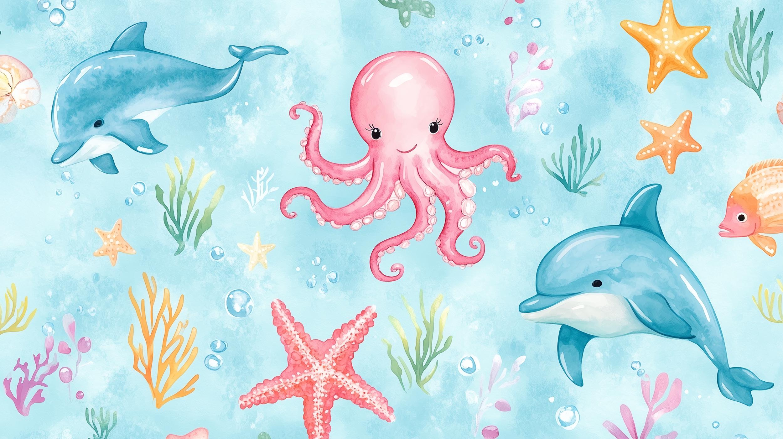Cute Underwater Mural, Watercolor Octopus and Dolphins, Nursery Design ...