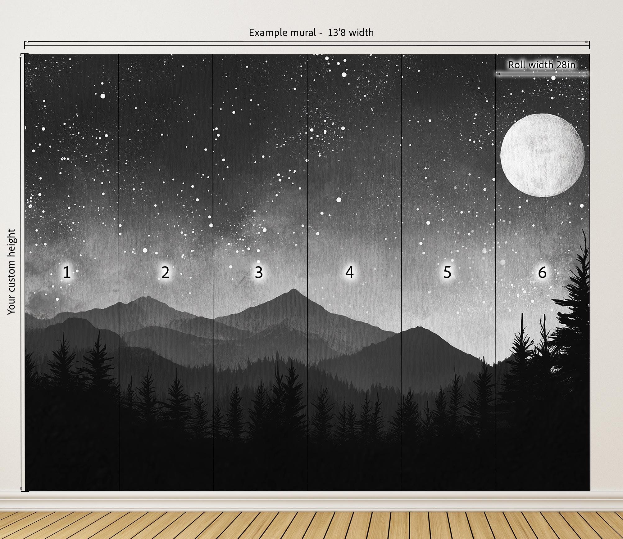 Night Sky and Stars Mural, Moon and Mountains Wallpaper, Starry Sky ...