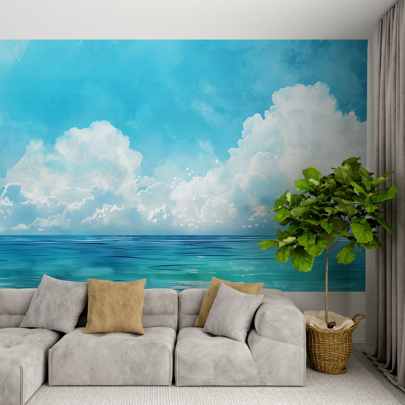 Serene Sea and Sky Mural, Relaxing Accent Wall Design, Soft Blue and ...