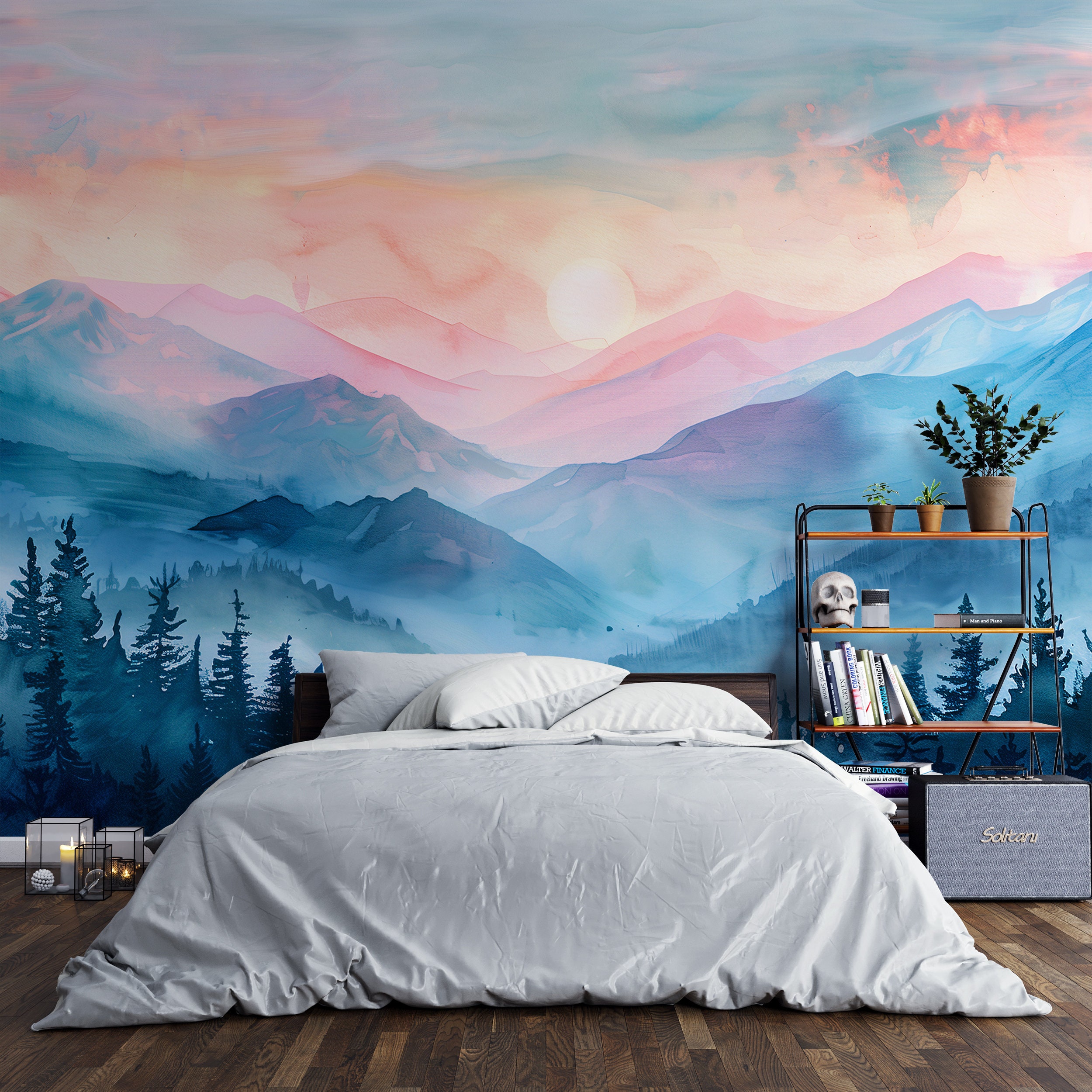 Serene Mountain Landscape Mural, Sunset Sky and Misty Forest, Soft ...